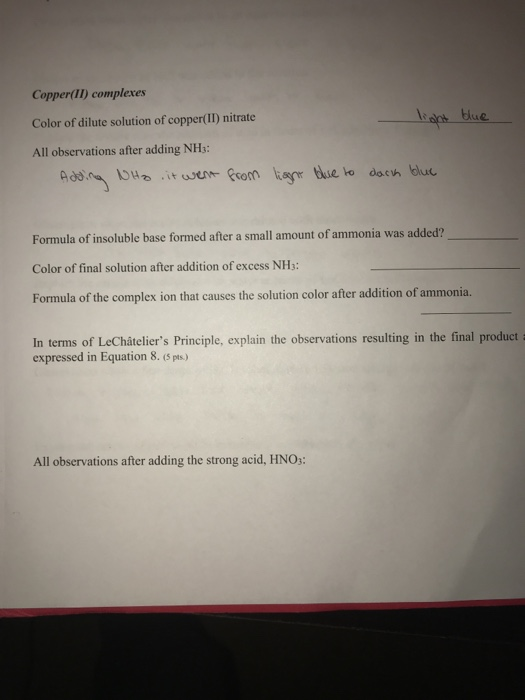 Solved Copper(LL) complexes Color of dilute solution of | Chegg.com