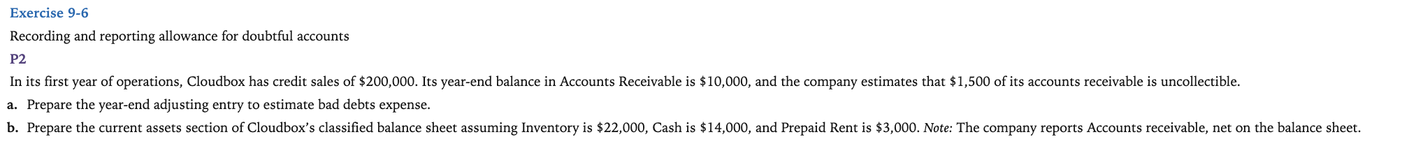 Solved Exercise 9-6Recording and reporting allowance for | Chegg.com