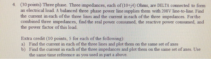 Solved 4. (30 points) Three phase. Three impedances, each of | Chegg.com