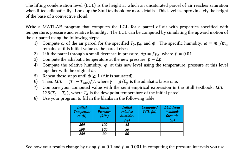 = The lifting condensation level (LCL) is the height | Chegg.com