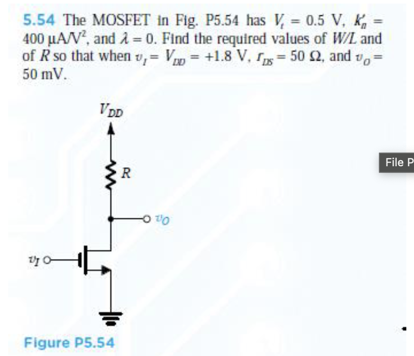 Solved 5.54 The MOSFET in Fig. P5.54 has Vt=0.5 V,kn′= | Chegg.com