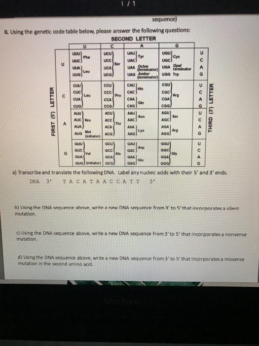 Solved sequence IL Using the genetic code table below, | Chegg.com