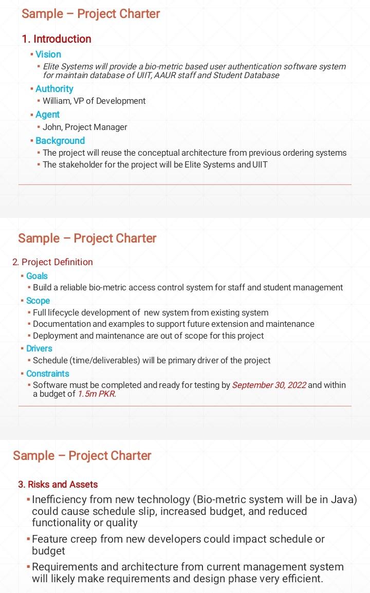 Sample - Project Charter 1. Introduction • Vision | Chegg.com