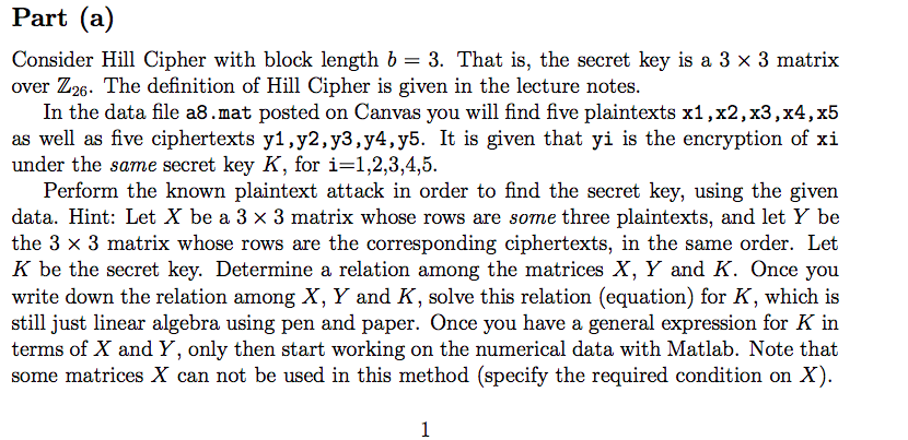 Solved Consider Hill Cipher with block length b=3. That is, | Chegg.com