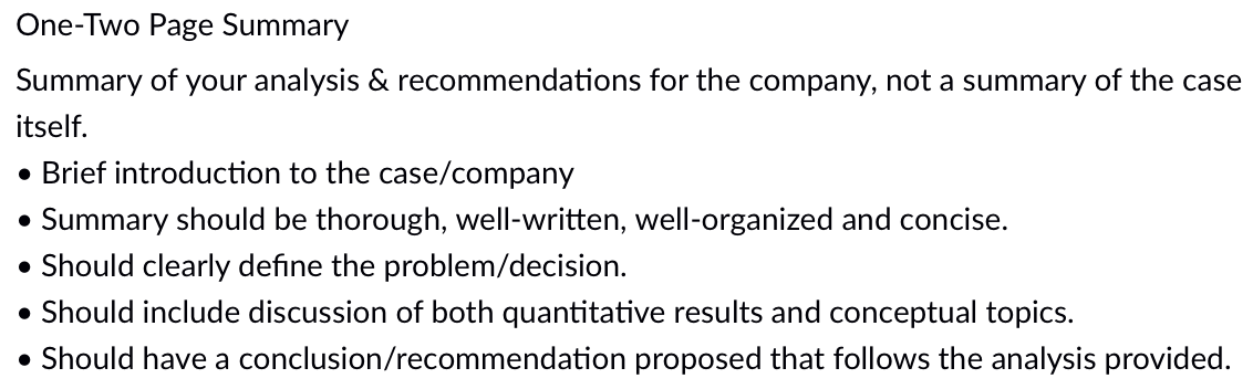 Solved One-Two Page Summary Summary of your analysis \& | Chegg.com
