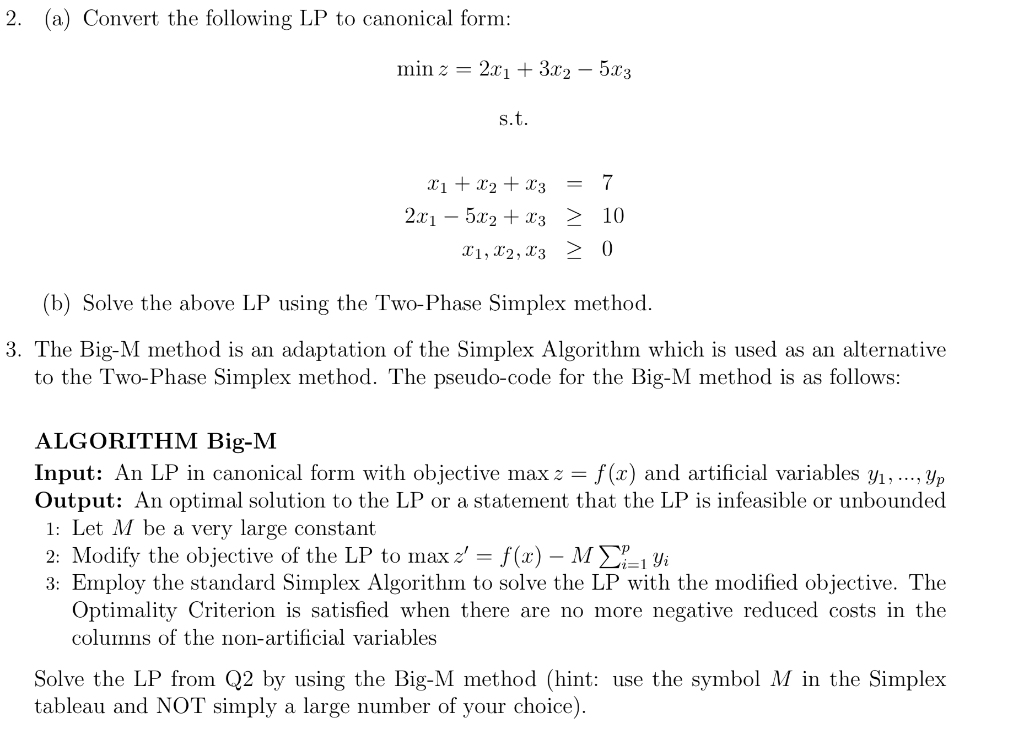 Solved 2. (a) Convert the following LP to canonical form: | Chegg.com