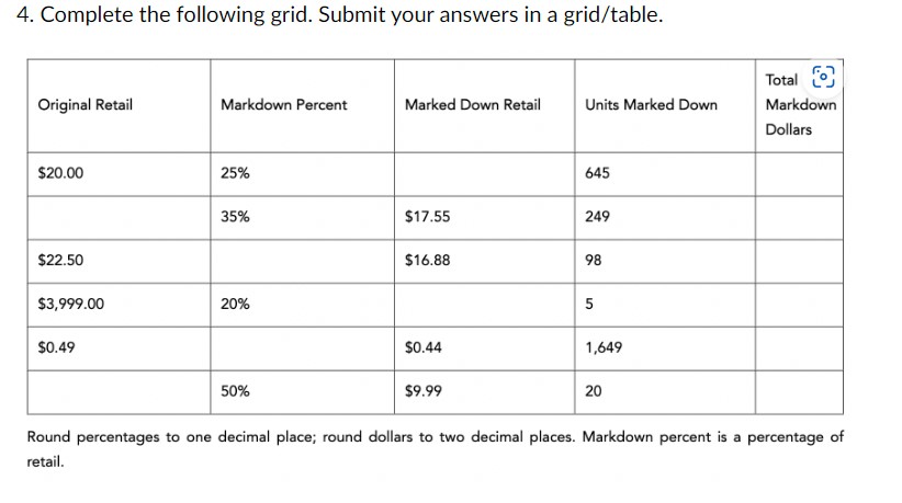 Solved 4. Complete the following grid. Submit your answers | Chegg.com