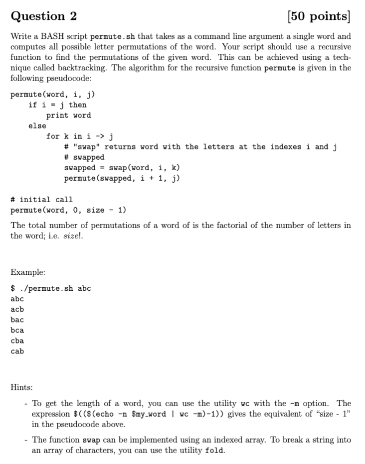 Solved Question 1 [50 points] Write a BASH script words.sh | Chegg.com