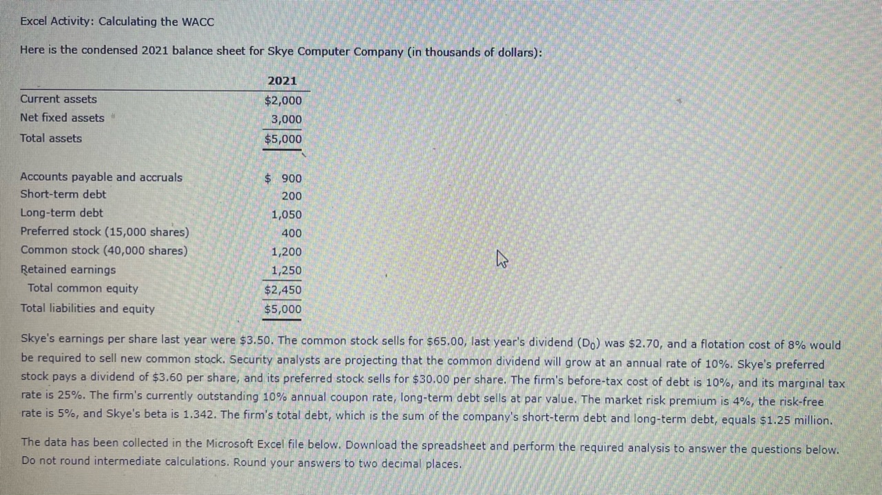 Solved Excel Activity: Calculating the WACC Here is the | Chegg.com
