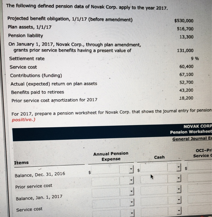 Solved For 2017, prepare a pension worksheet that shows the | Chegg.com
