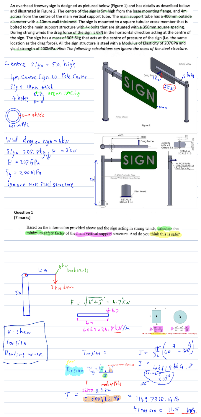Solved An overhead freeway sign is designed as pictured | Chegg.com