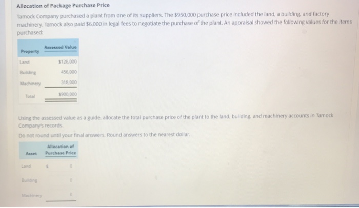 Solved Allocation of Package Purchase Price Tamock Company | Chegg.com