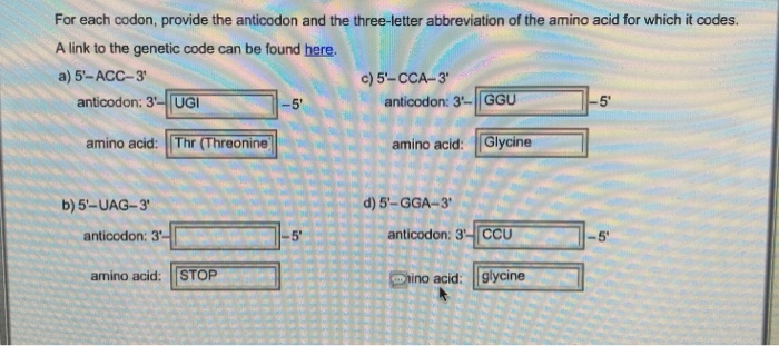 Solved For each codon, provide the anticodon and the | Chegg.com