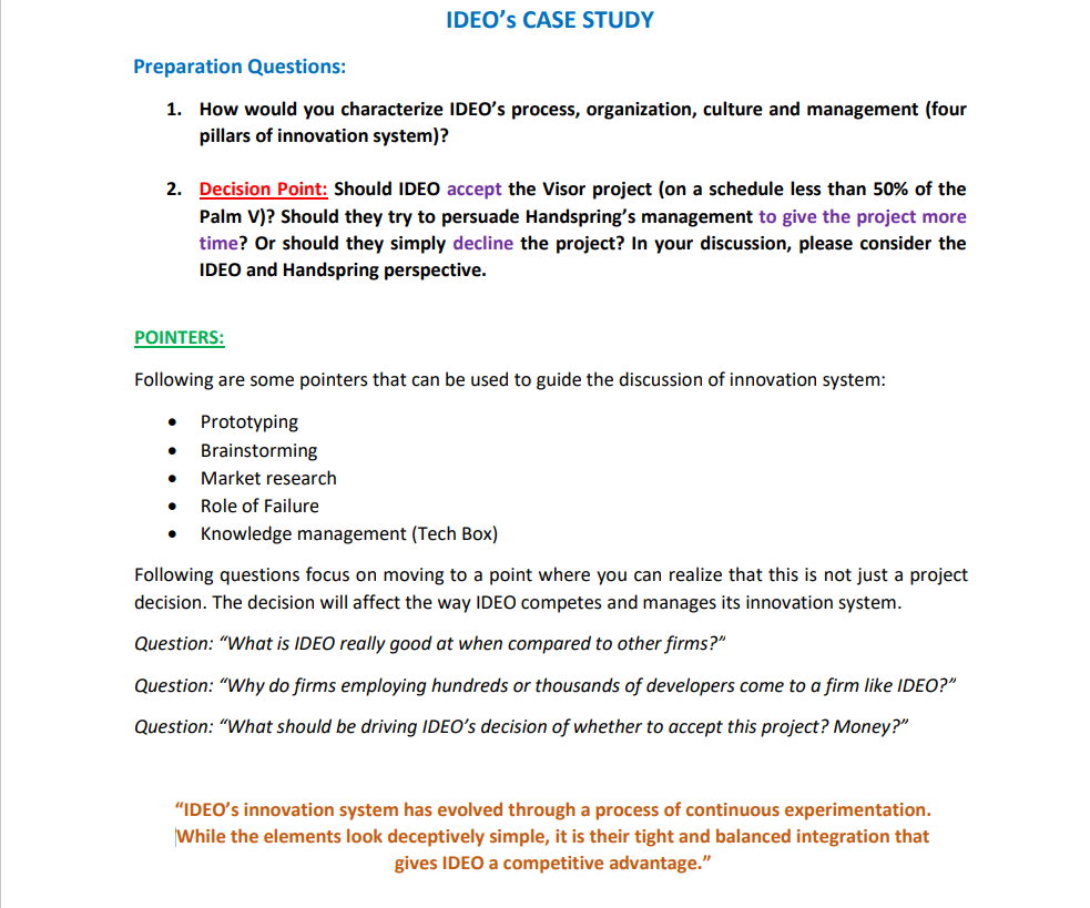Solved IDEO'S CASE STUDY Preparation Questions: 1. How would | Chegg.com