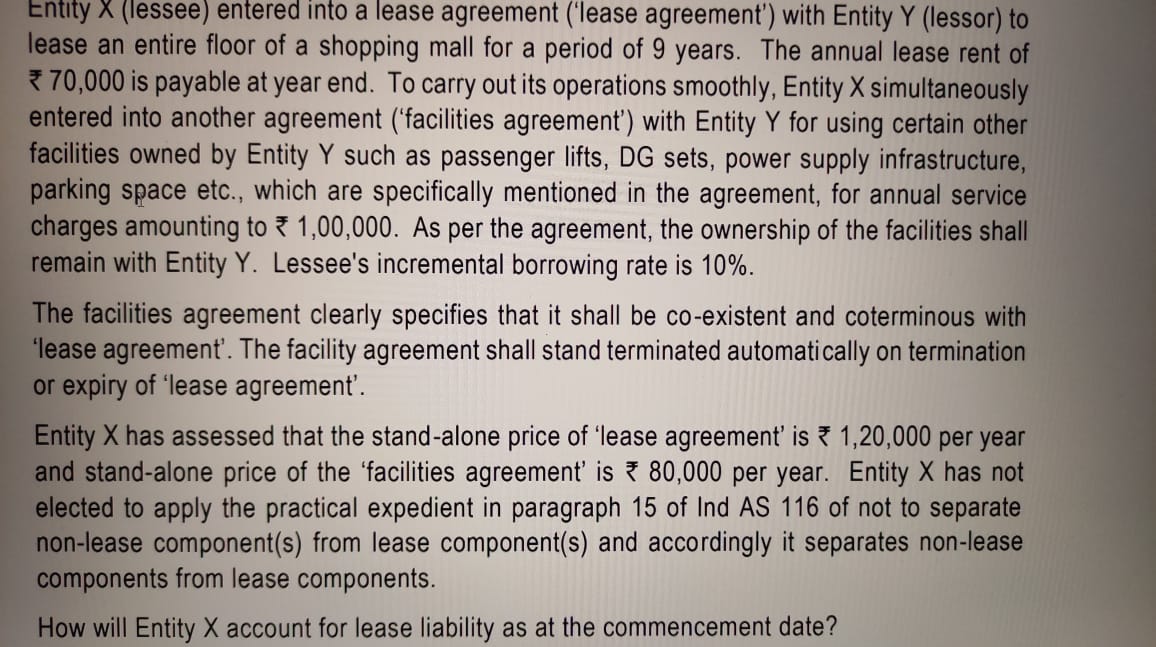 Solved Entity X (lessee) entered into a lease agreement | Chegg.com