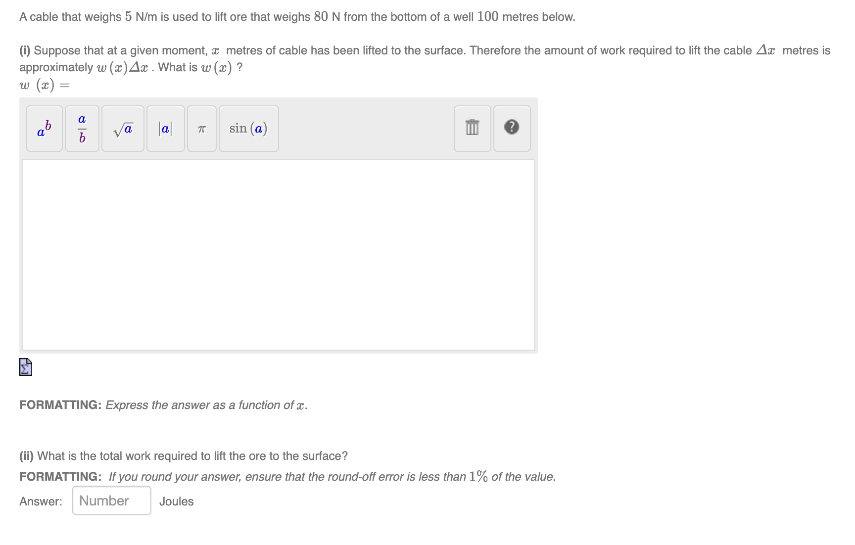 Solved A cable that weighs 5 N/m is used to lift ore that | Chegg.com