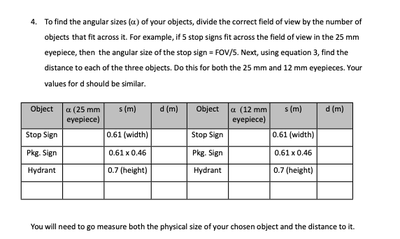4. To find the angular sizes (a) of your objects, | Chegg.com