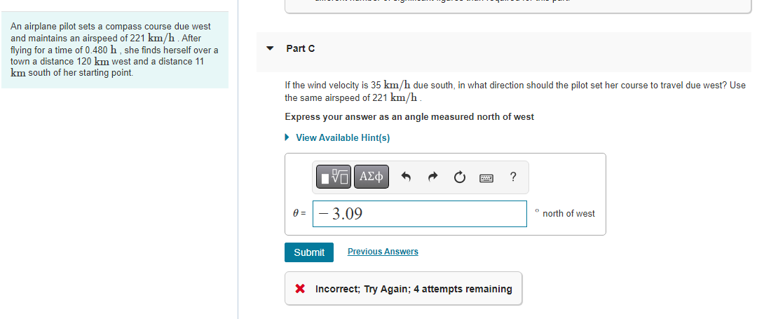 Solved An airplane pilot sets a compass course due west and | Chegg.com