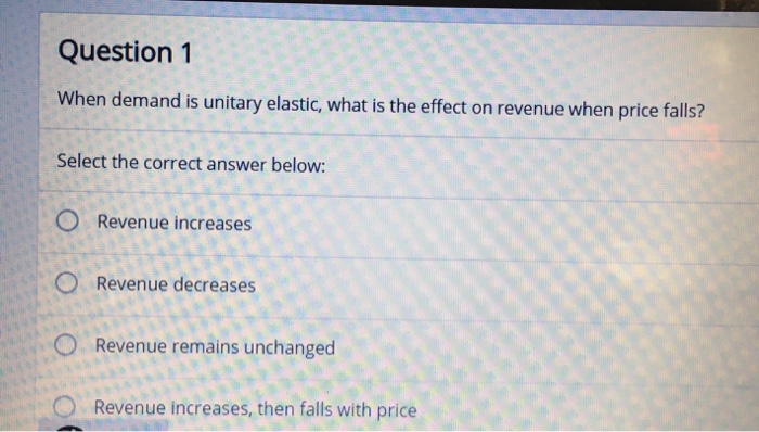 Solved Question1 When demand is unitary elastic, what is the | Chegg.com