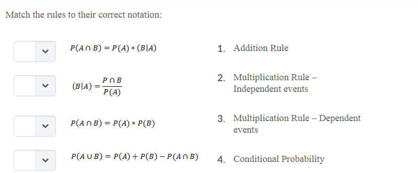 Solved Match the rules to their correct notation: >P(AnB) | Chegg.com
