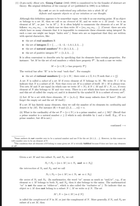Solved (1) (3 pts each) About sets. Georg Cantor (1845-1918) | Chegg.com