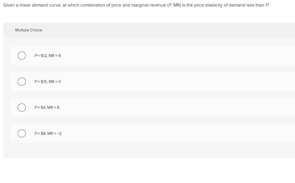 Solved Given a linear demand curve, at which combination of | Chegg.com