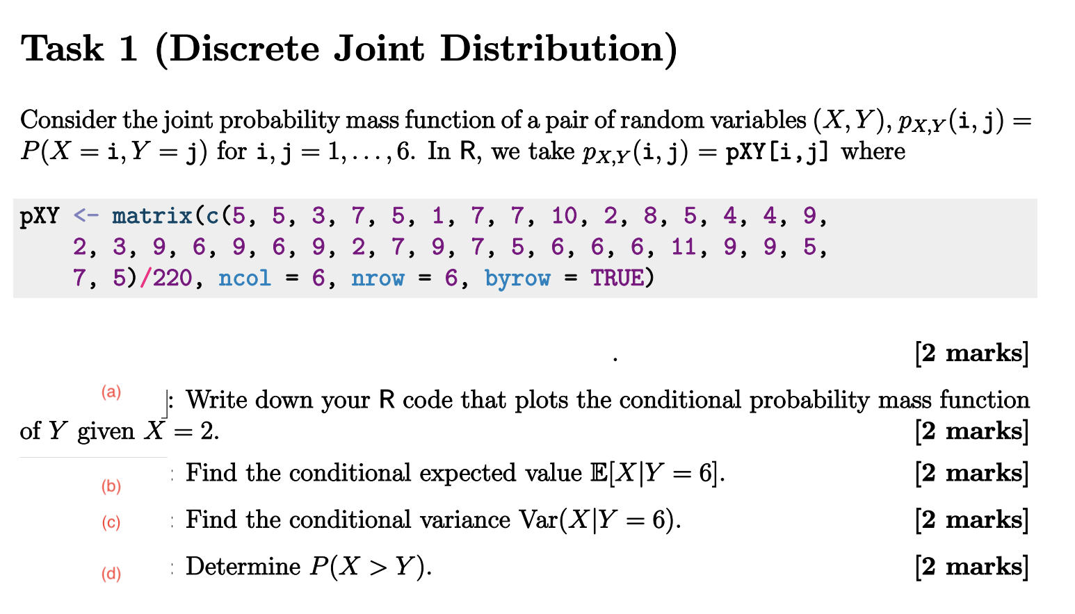 Task 1 (Discrete Joint Distribution) Consider the | Chegg.com