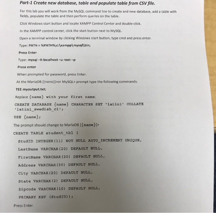 Part 1 Create New Database Table And Populate Table Chegg