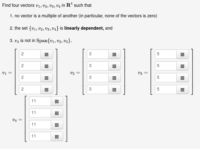 Solved Find four vectors v1,v2,v3,v4 in R4 such that 1. no | Chegg.com
