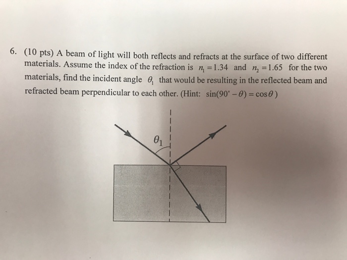Solved A beam of light will both reflects and refracts at | Chegg.com