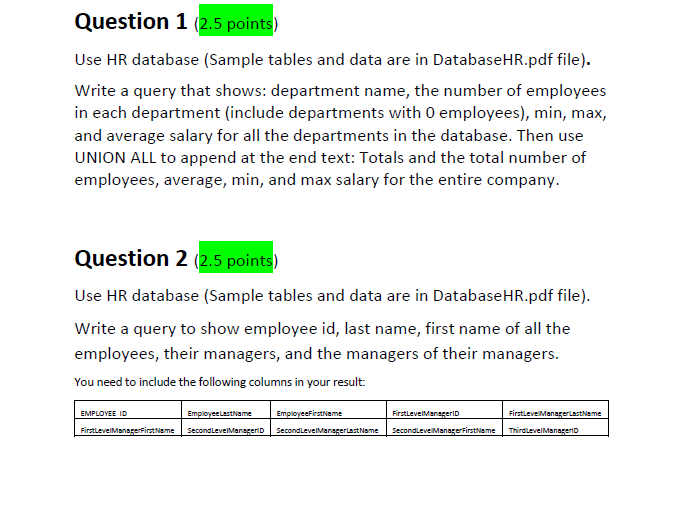 Solved SQL Use HR database (Sample tables and data are in | Chegg.com