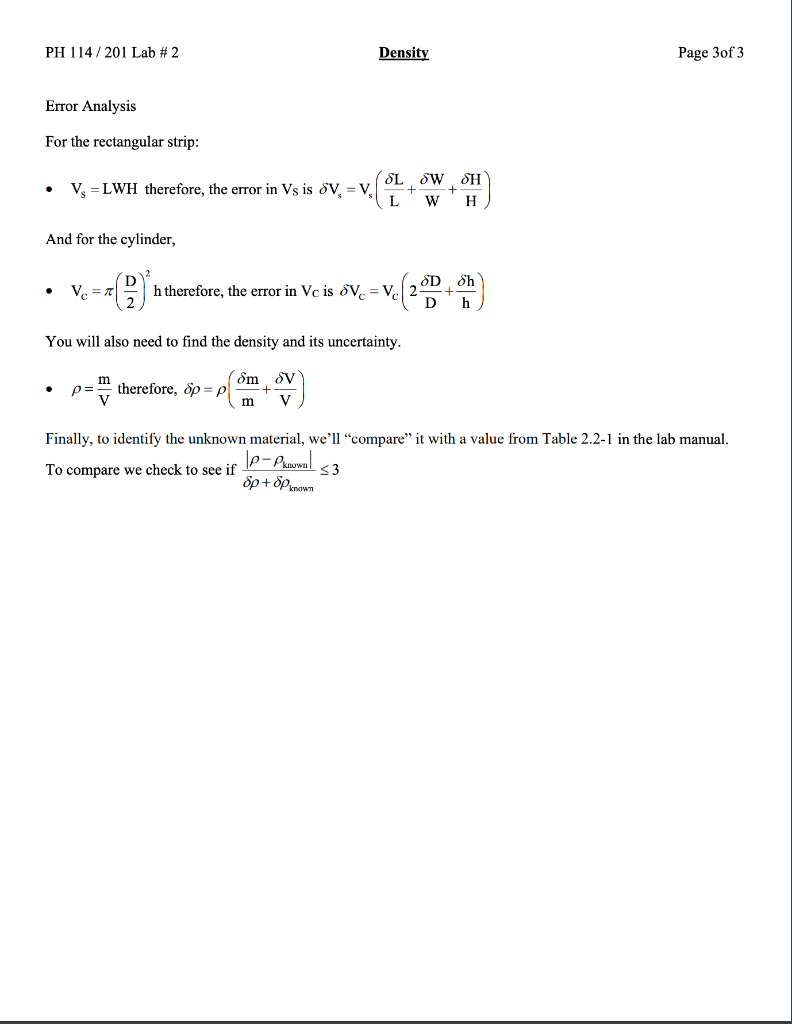 PH 114 / 201 Lab \# 2 Density Page lof 3 Goal: We | Chegg.com