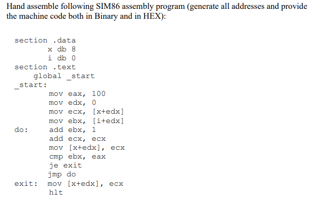 Solved Hand assemble following SIM86 assembly program | Chegg.com