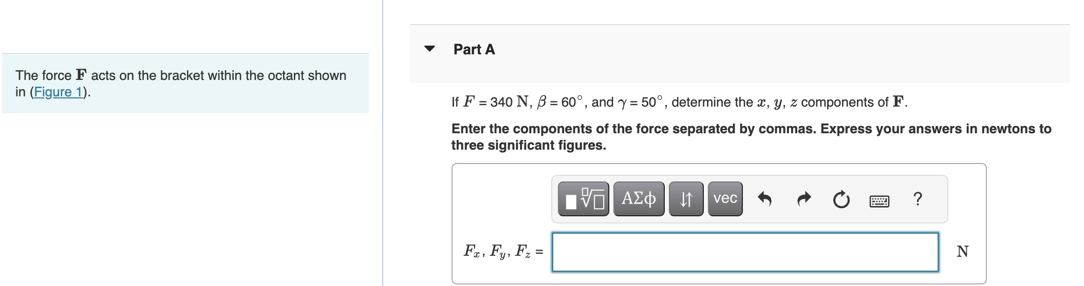 [Solved]: The force F acts on the bracket within the octant