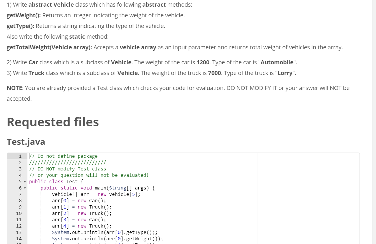 Solved 1) Write abstract Vehicle class which has following | Chegg.com
