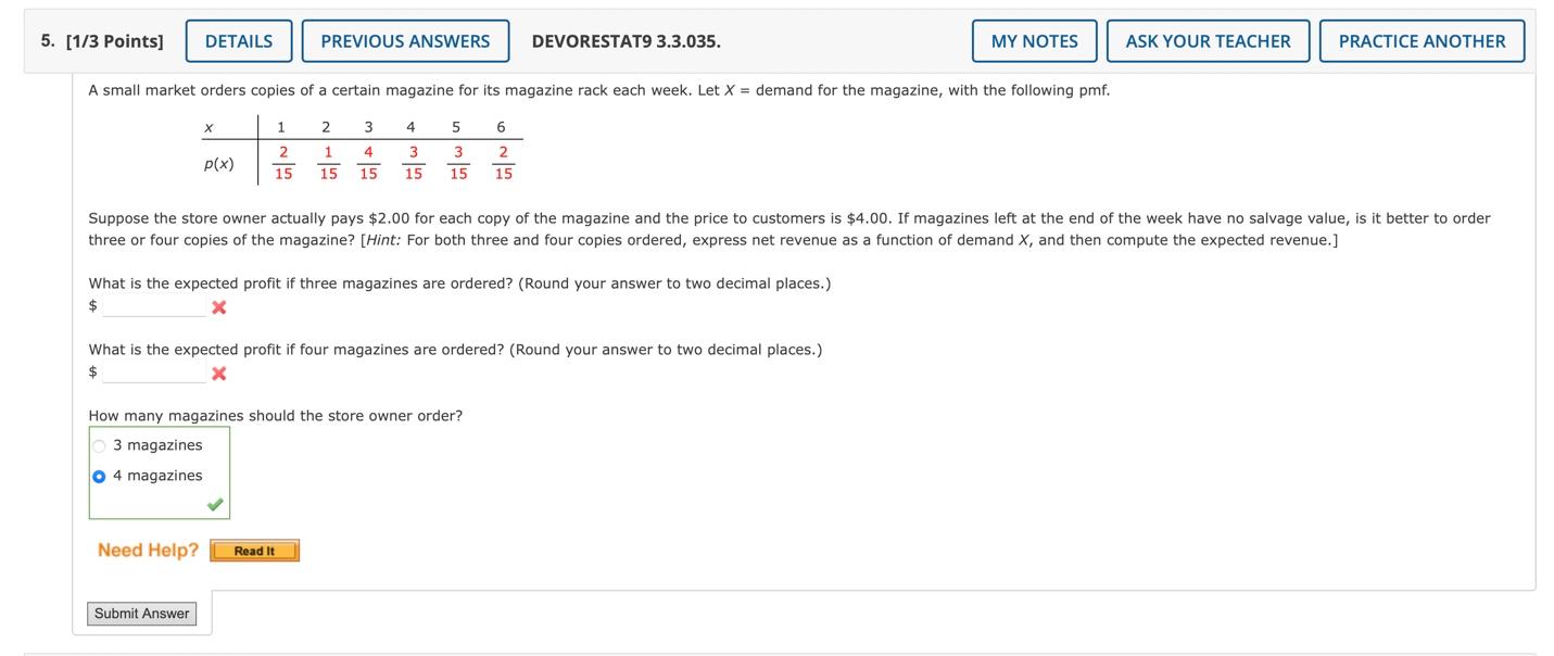 Solved 5. [1/3 points) DETAILS PREVIOUS ANSWERS DEVORESTAT9 | Chegg.com
