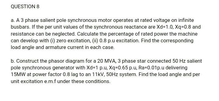 Solved QUESTION 8 a. A 3 phase salient pole synchronous | Chegg.com