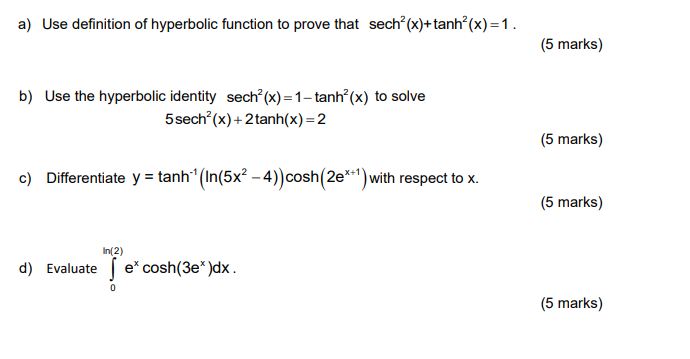 Solved a) Use definition of hyperbolic function to prove | Chegg.com