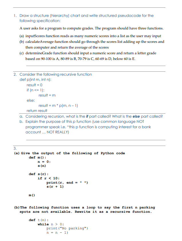 Solved 1. Draw a structure (hierarchy) chart and write | Chegg.com