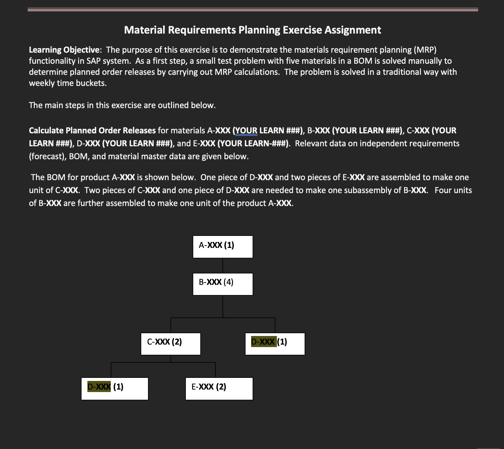 Solved Material Requirements Planning Exercise Assignment | Chegg.com