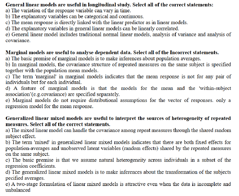 Solved General linear models are useful in longitudinal | Chegg.com