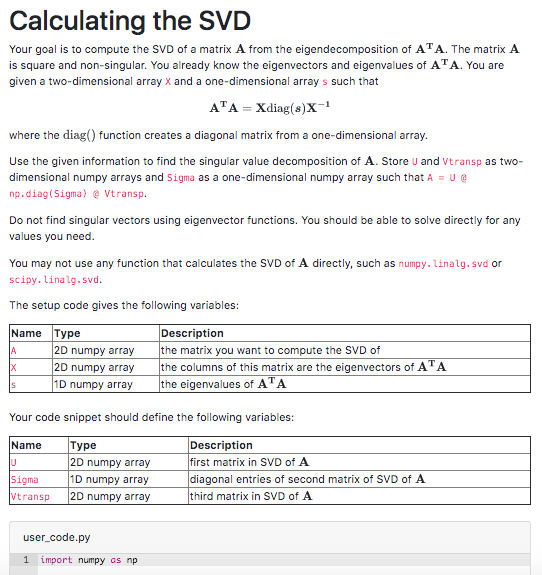 Calculating the SVD Your goal is to compute the SVD | Chegg.com