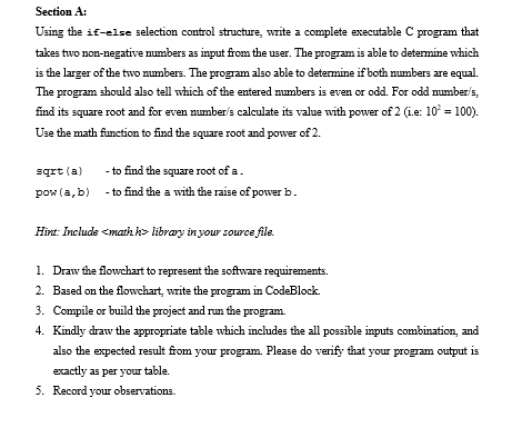 Solved Section A: Using the if-else selection control | Chegg.com