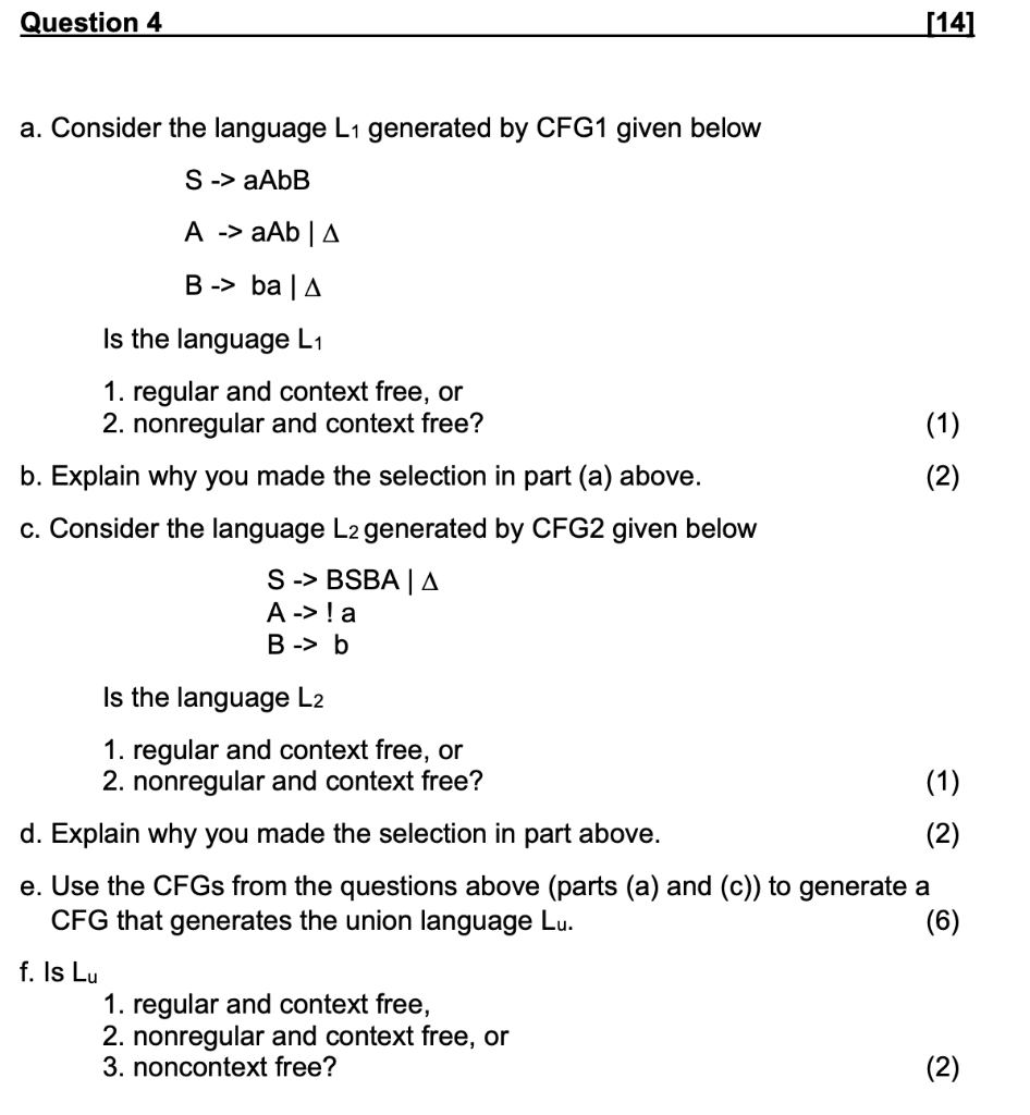 Solved Question 4 [14] a. Consider the language L1 generated | Chegg.com
