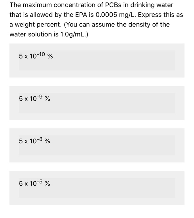 Solved The maximum concentration of PCBs in drinking water | Chegg.com