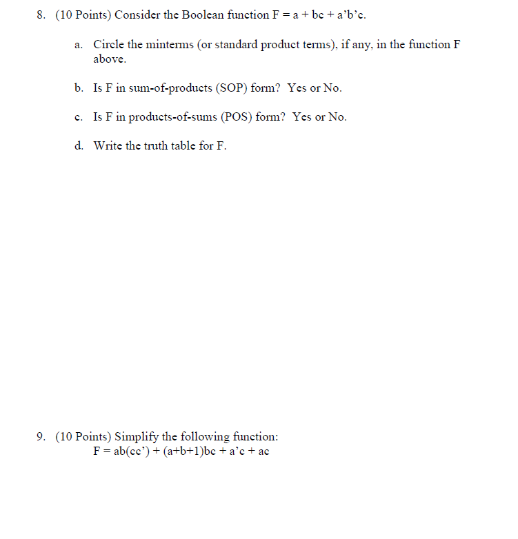 Solved 8 10 Points Consider The Boolean Function F A 3257