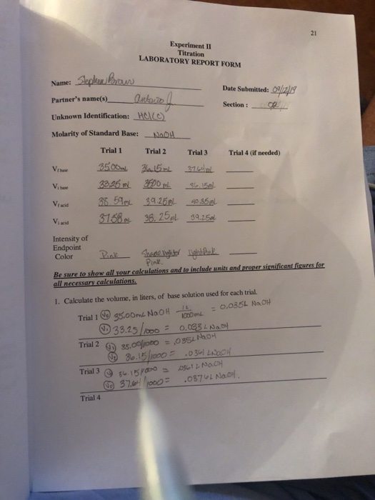 Solved Experiment 11 Titration LABORATORY REPORT FORM N Date | Chegg.com