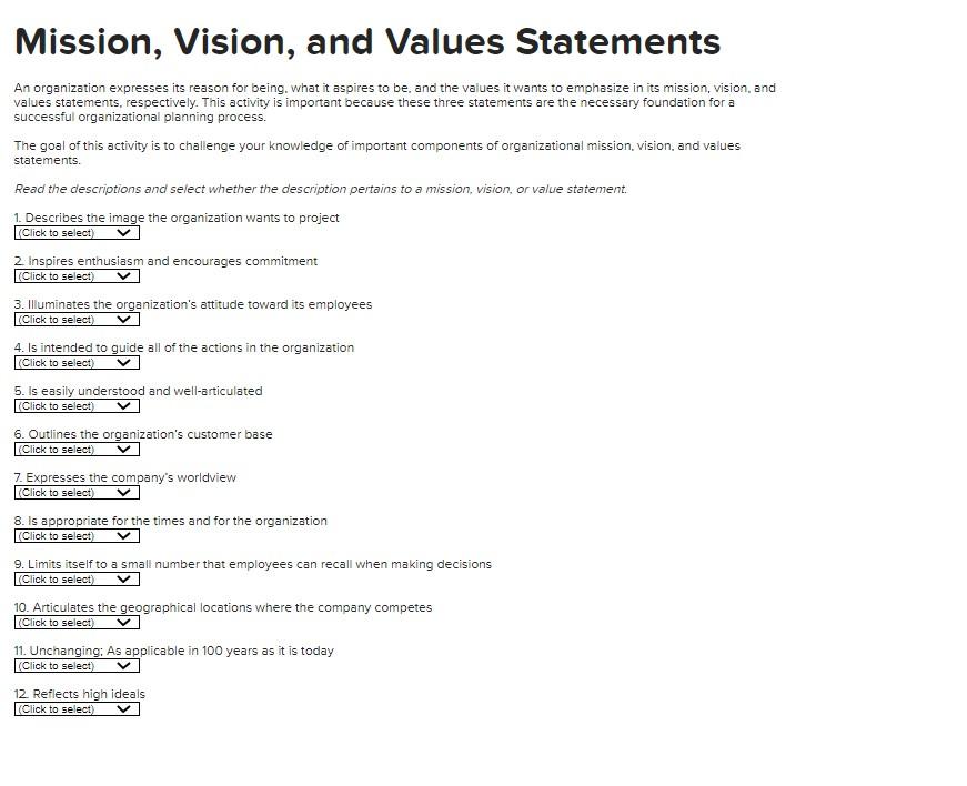 Solved Mission, Vision, and Values Statements An | Chegg.com