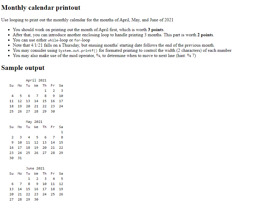 Solved Monthly calendar printout Use looping to print out | Chegg.com