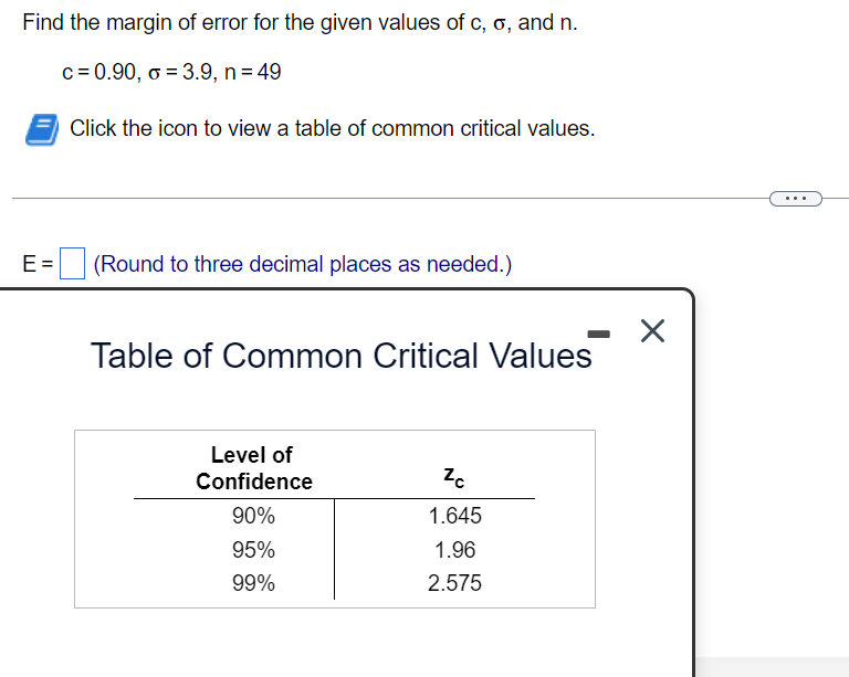 [Solved]: Find the margin of error for the given values